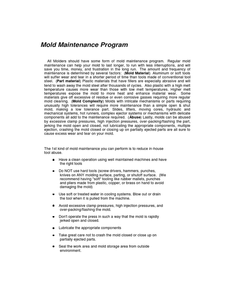 Mold Maintenance Program | PDF | Wear | Industrial Processes