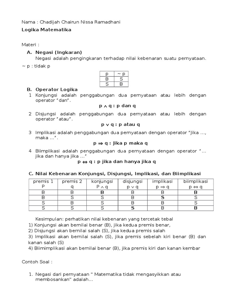 Materi, Contoh Soal, Dan Soal Logika Matematika | PDF