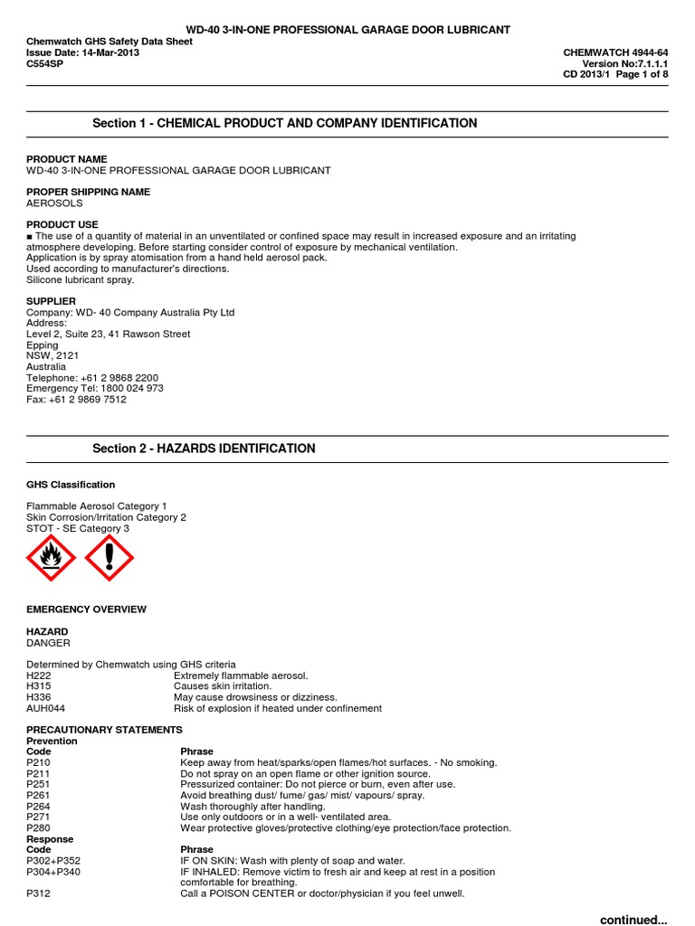 Msds WD-40 3-IN-ONE PROFESSIONAL GARAGE DOOR LUBRICANT | Fires ...