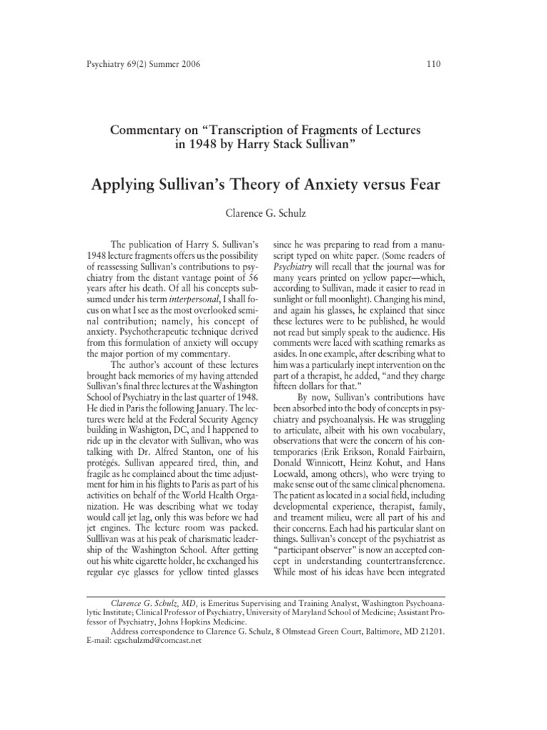 Applying Sullivan's Theory of Anxiety Versus Fear | PDF | Psychotherapy ...