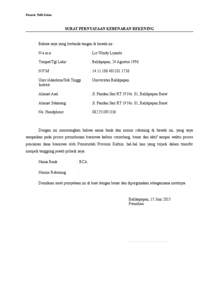 Surat Pernyataan Rekening Benar (Revisi NO REK) | PDF