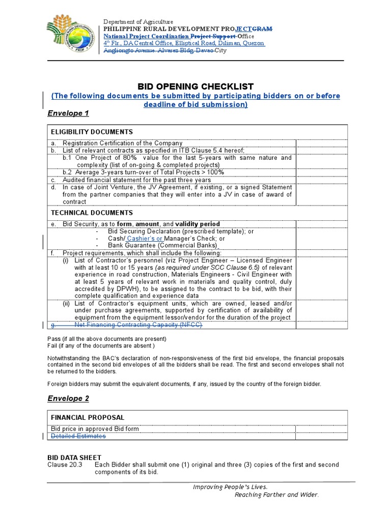 Bid Opening Checklist for Bidders | PDF | General Contractor | Government