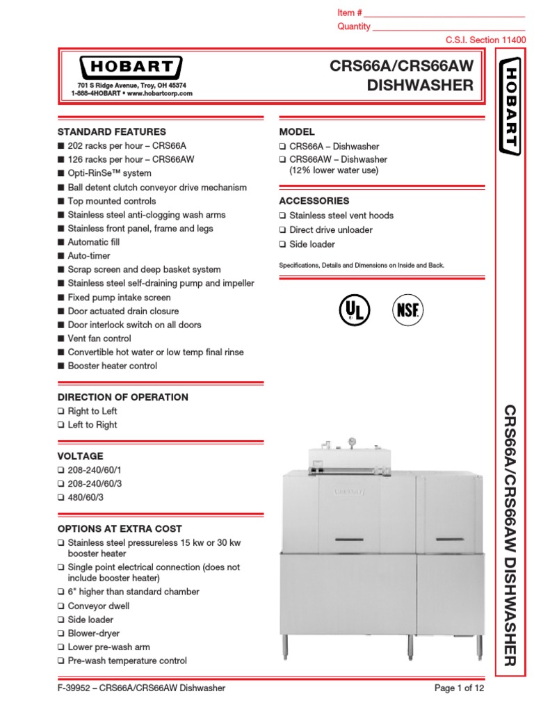 Hobart CRS66A Dishwasher | PDF | Dishwasher | Thermostat