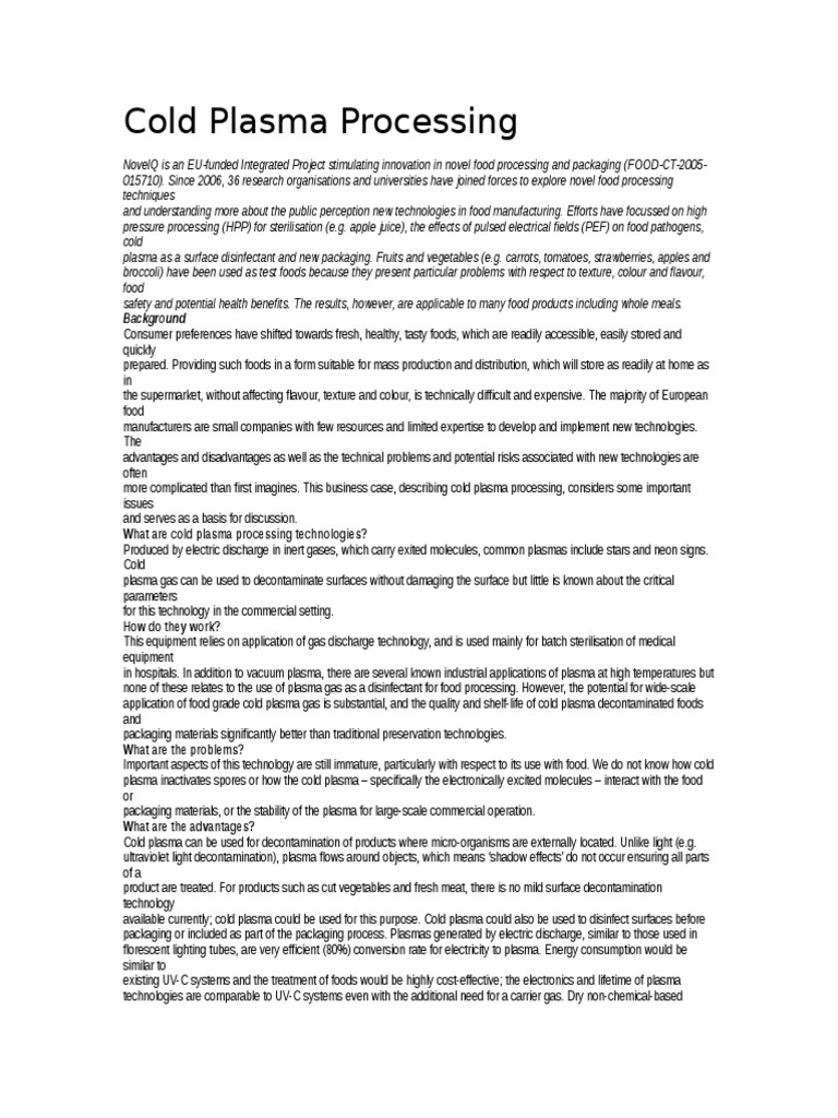 Cold Plasma Food Processing | PDF | Food Processing | Foods