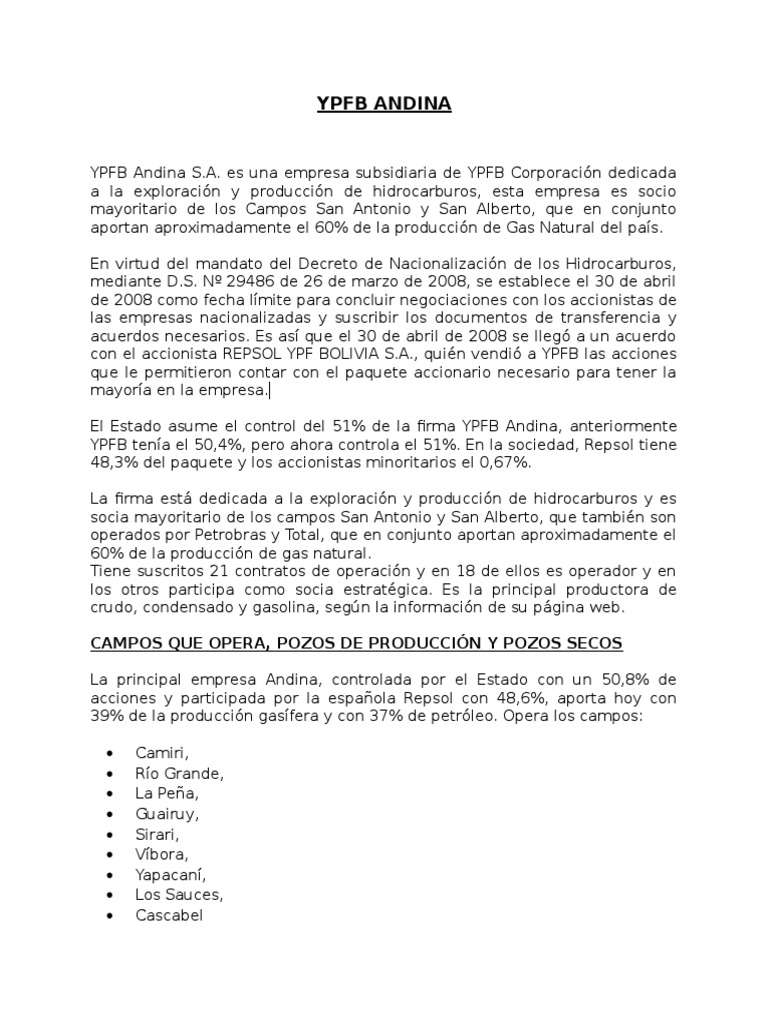 YPFB Andina: Producción de Hidrocarburos | PDF | Tecnología
