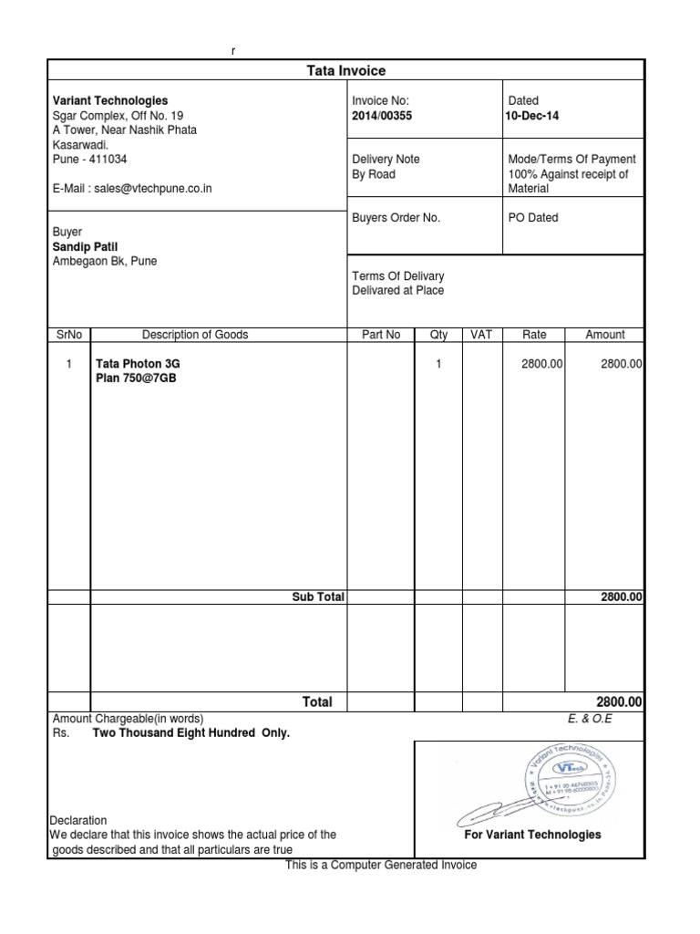 TATA Invoice | PDF