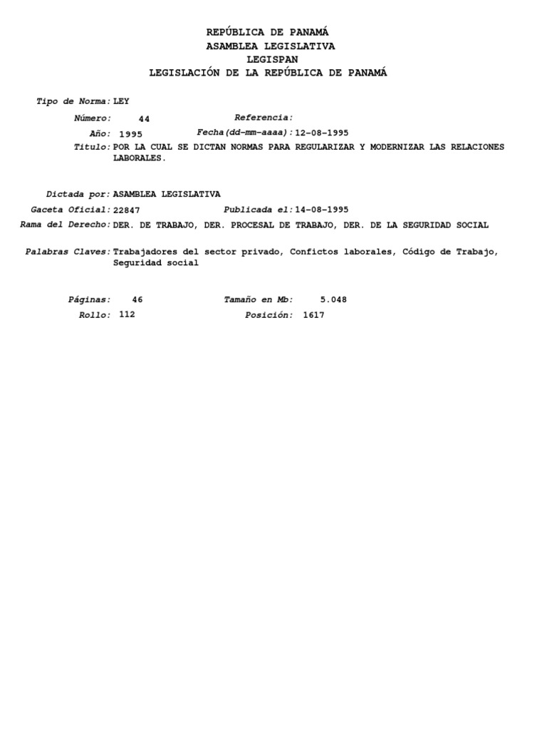 Ley #44 | PDF | Derecho laboral | Sindicato