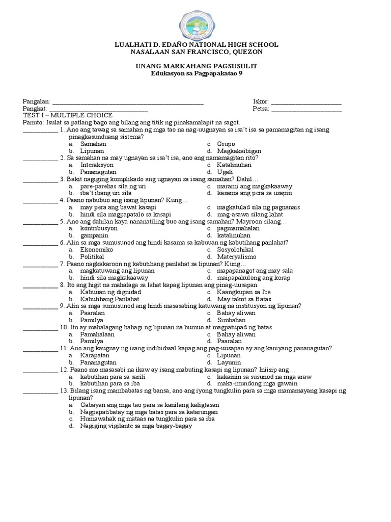 Sample of KPU ESP 9 Periodic Test First Quarter