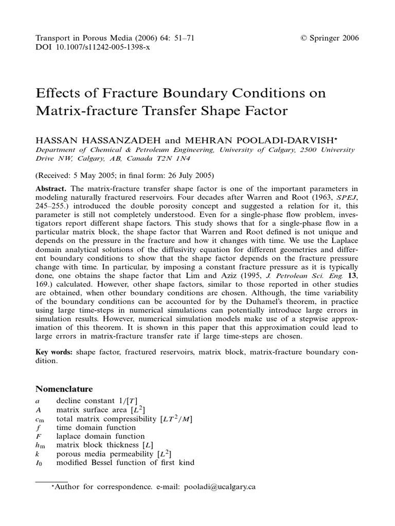 Effects of Fracture Boundary Conditions On Matrix-Fracture Transfer Shape Factor | PDF | Laplace ...