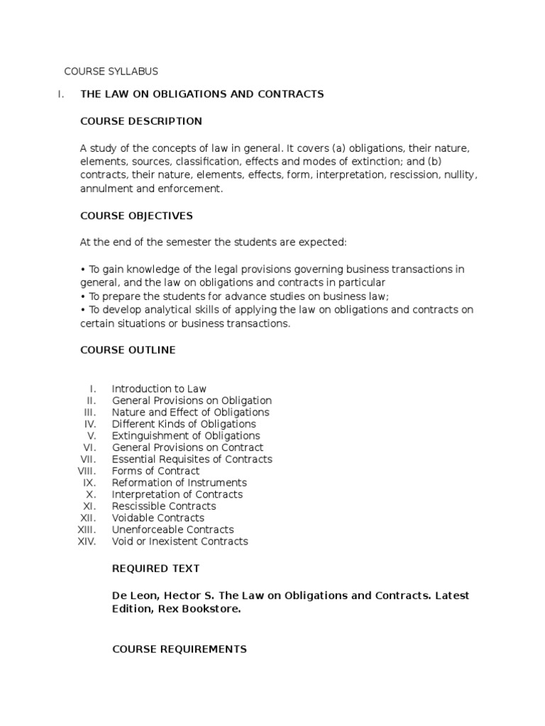 Obligations and Contracts Course Syllabus | PDF | Judiciaries | Annulment