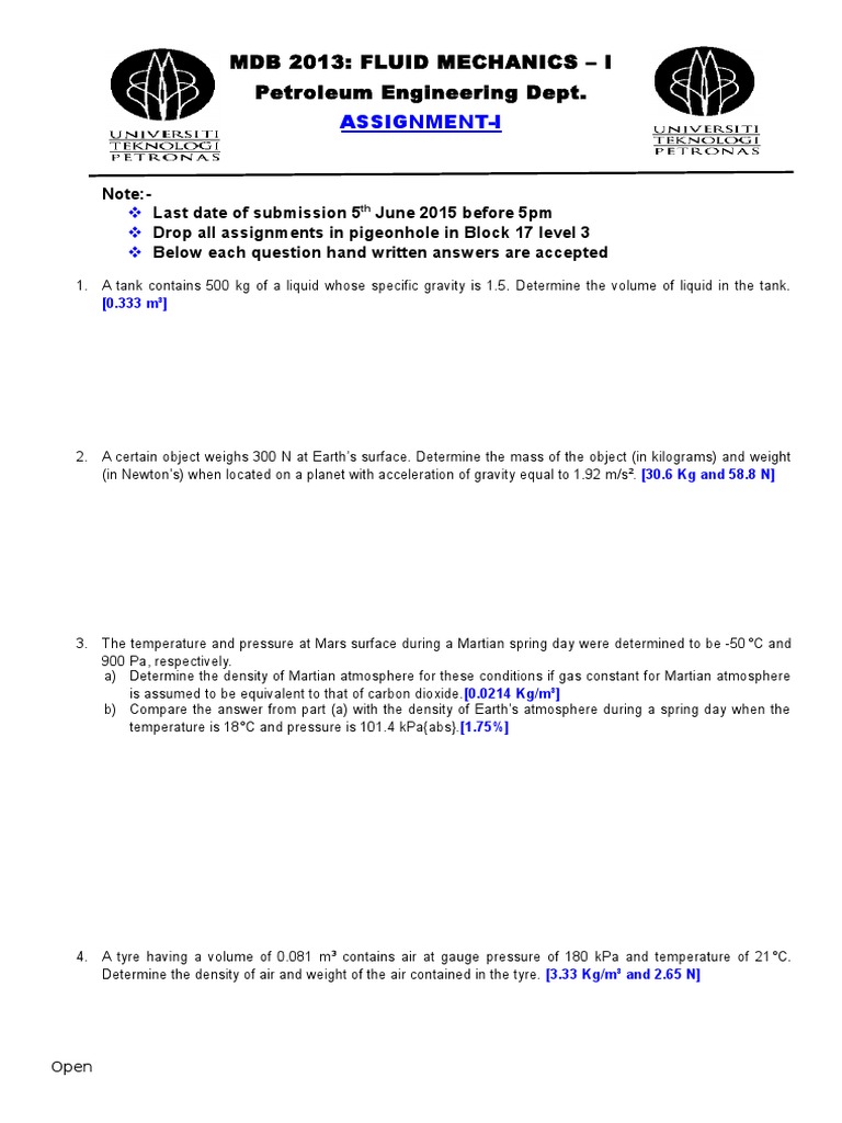 Assignment 1 Fluid Mechanics 1 | PDF | Pressure | Atmosphere Of Earth