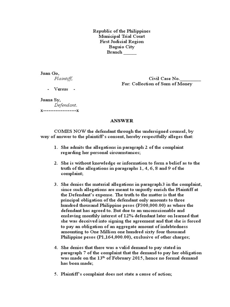 Answer Sample Legalorms | PDF | Complaint | Lawsuit