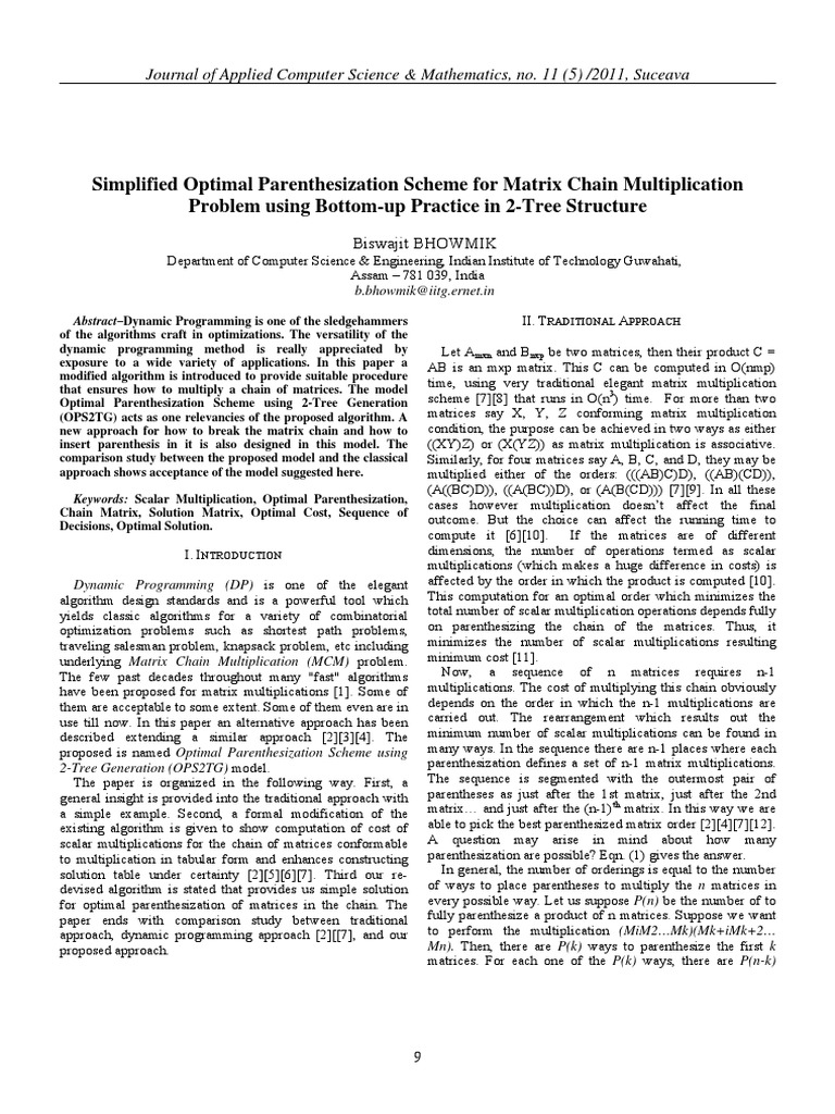 Optimization Method For Matrix Chain Multiplication Pdf Dynamic Programming Matrix