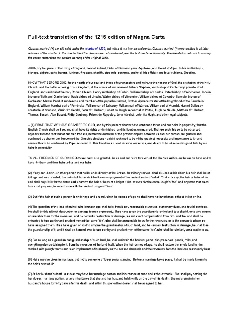 Full-Text Translation of The 1215 Edition of Magna Carta | PDF | Debt ...