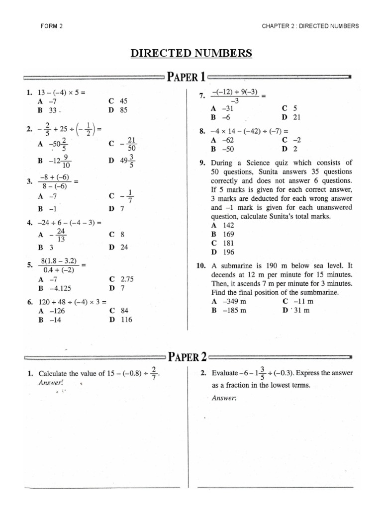 Directed Numbers (PMR Practice) | PDF