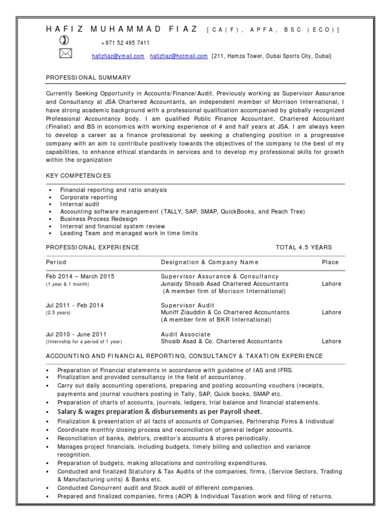 CV-Hafiz Muhammad CA (F), APA, BS (Eco) | PDF | Accounting | Audit