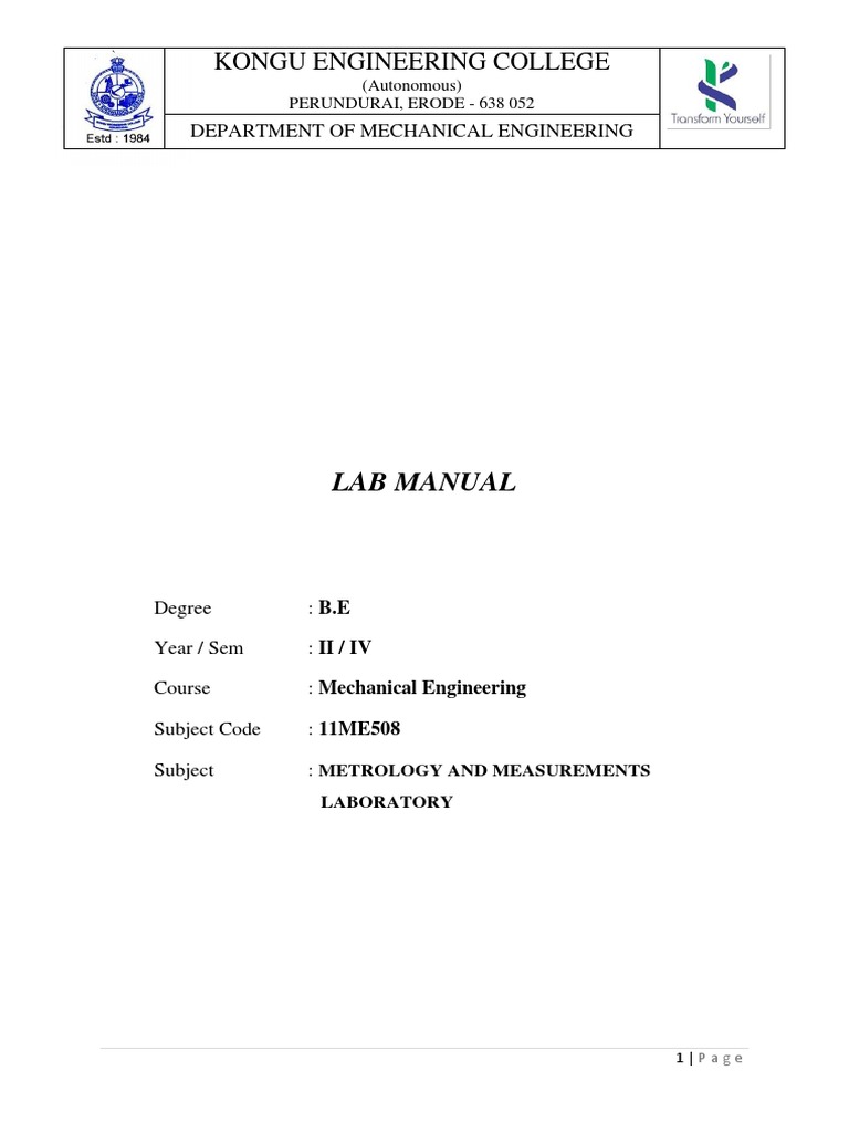 Metrology and Measurements Lab Manual | PDF | Calibration | Gear