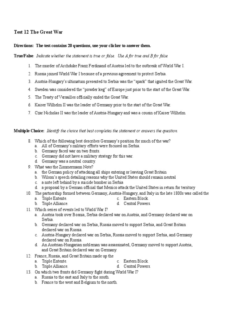 Test 12 The Great War (WW1) | PDF | Central Powers | World War I