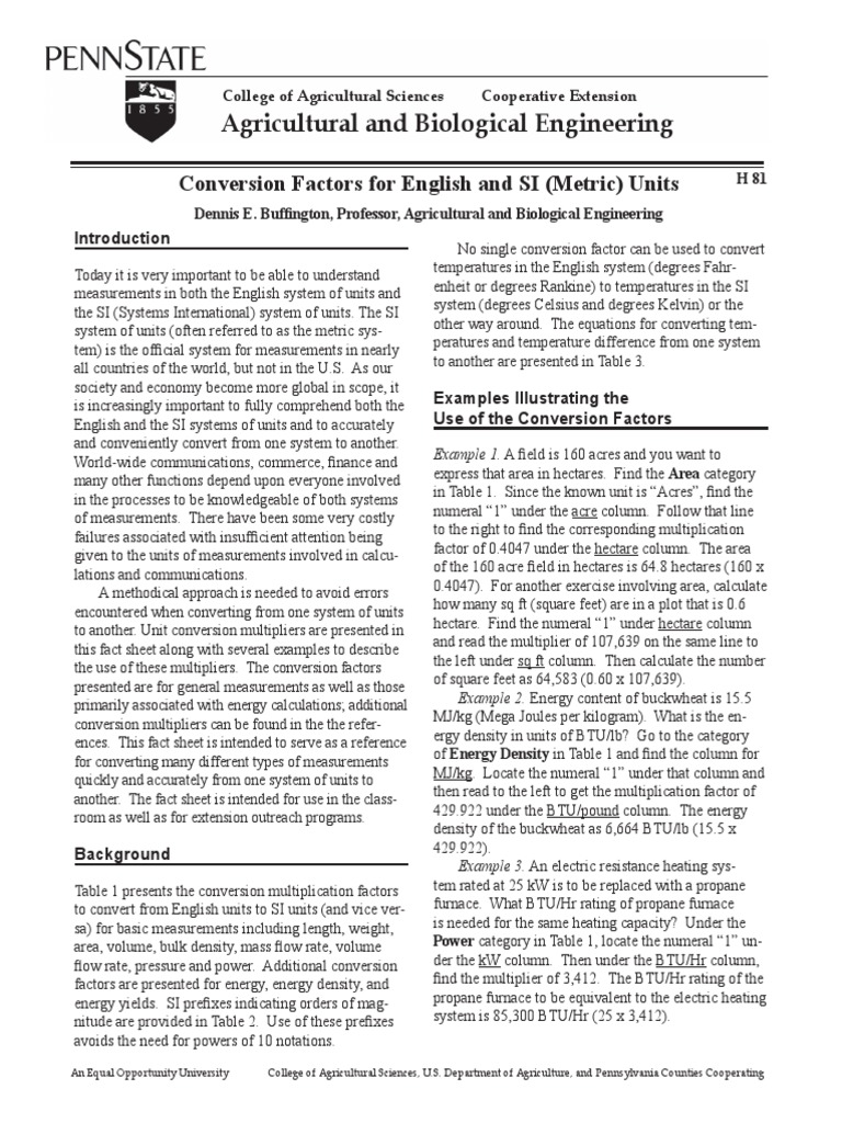 Agricultural and Biological Engineering: Conversion Factors For English ...