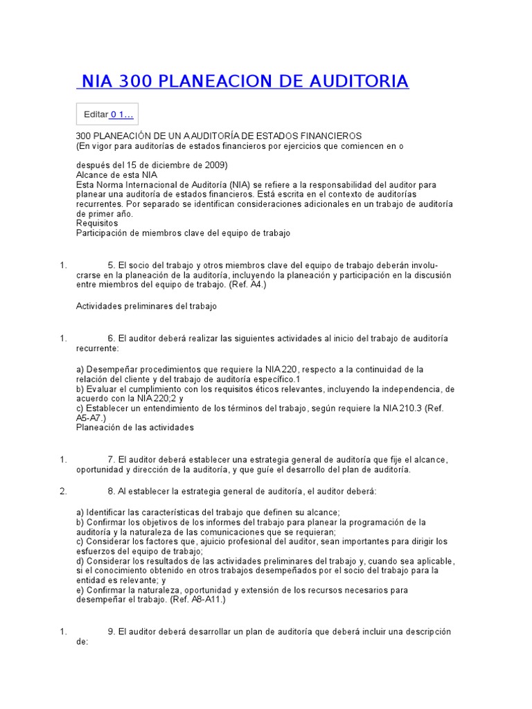 Nia 300 Planeacion de Auditoria | PDF | Contralor | Planificación
