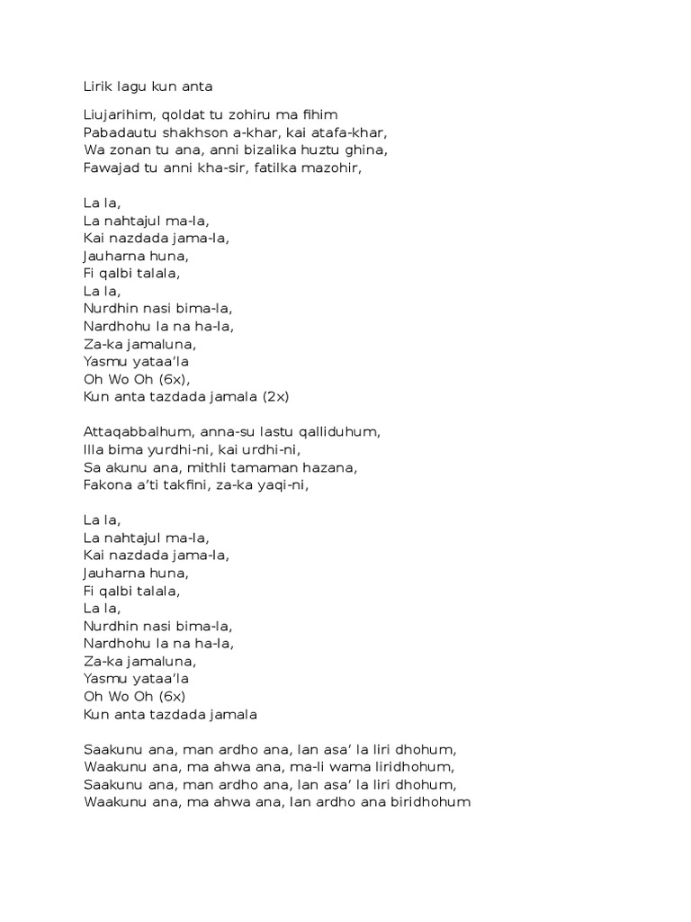 Lirik Lagu Kun Anta | PDF