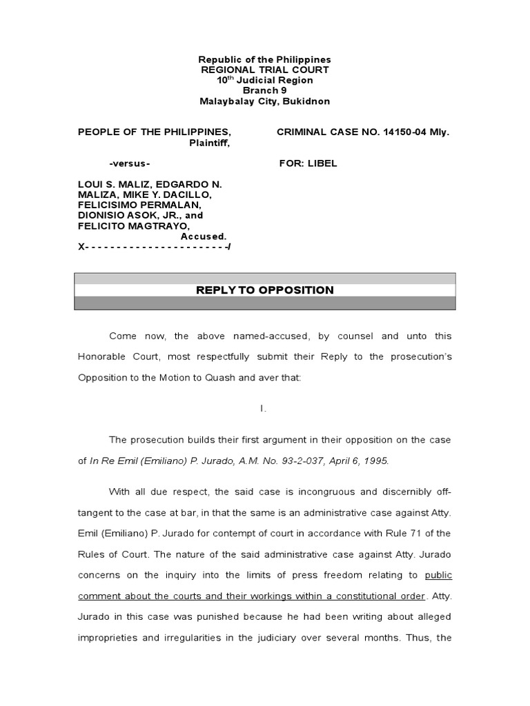 Reply | Defamation | Complaint