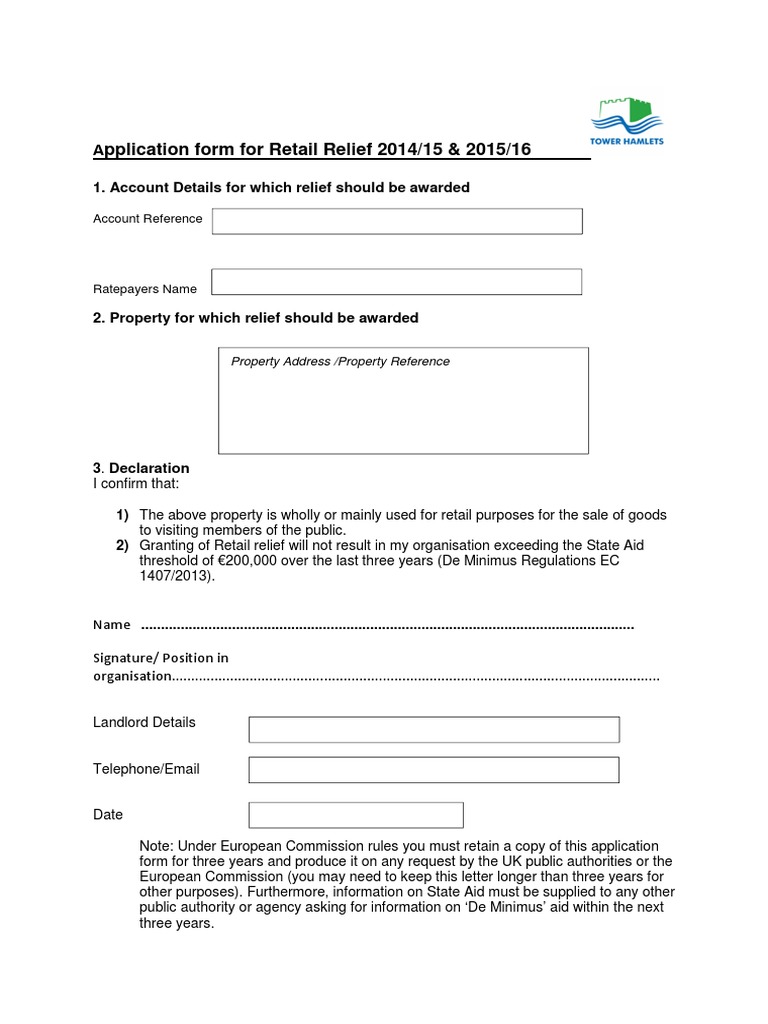 Application Form For Business Rates Retail Relief 2014 2015 | PDF ...