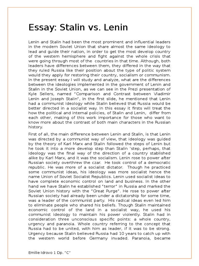 Essay: Stalin vs. Lenin: Emilie Idrovo 1 Dp. "C" | PDF | Vladimir Lenin ...