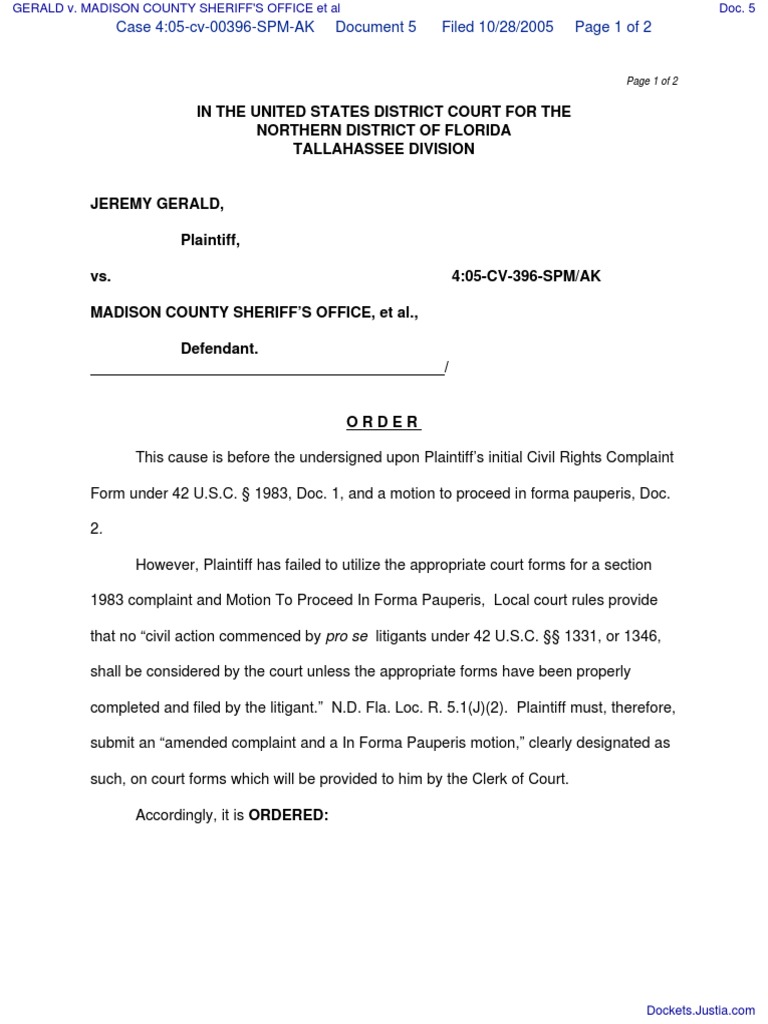 GERALD v. MADISON COUNTY SHERIFF&apos S OFFICE Et Al - Document No. 5 ...
