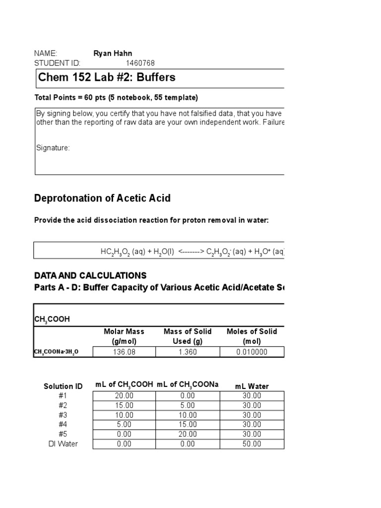 Chem 152 Lab #2: Buffers: Deprotonation of Acetic Acid | PDF | Buffer ...