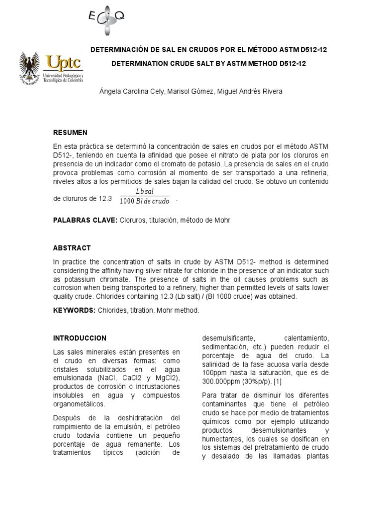 Determinación de Sal en Crudos Por El Método Astm D512 | PDF ...