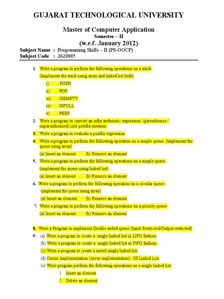 Gtu Mca Semester Ii Data Structures Programming Skills Pdf Queue Abstract Data Type