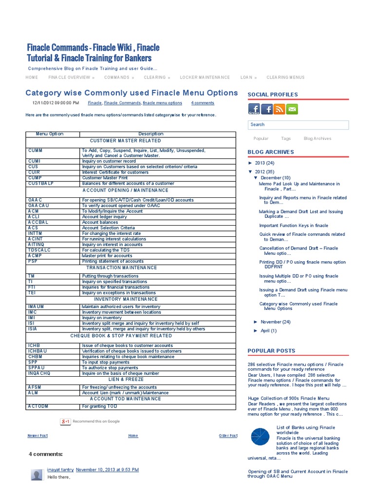 Category Wise Commonly Used Finacle Menu Options - Finacle Commands ...