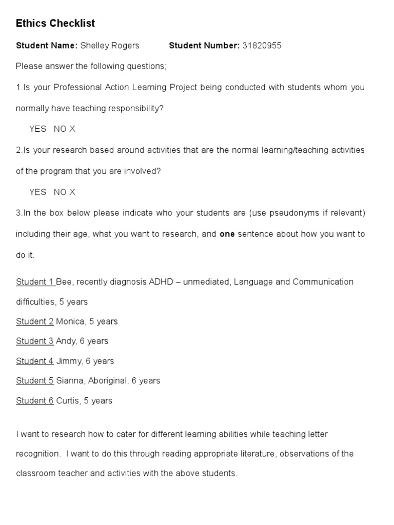 Ethics Checklist for Teaching Research | PDF