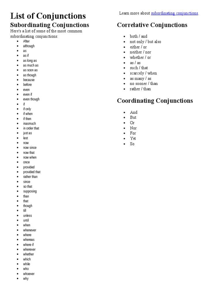 Comprehensive List of Conjunctions | PDF | Language Arts & Discipline ...