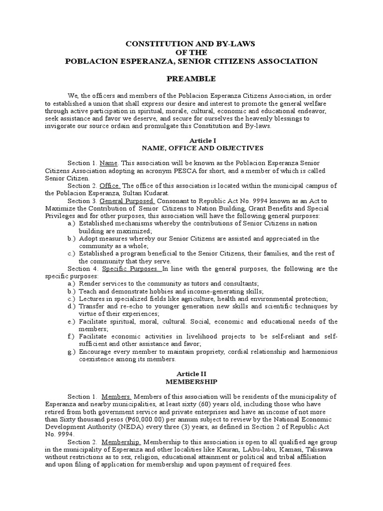 Constitution and By-Laws of The Poblacion Esperanza, Senior Citizens ...