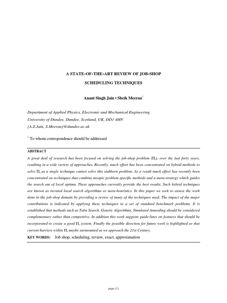 A State Of The Art Review Of Job Shop Scheduling Techniques Pdf Time Complexity