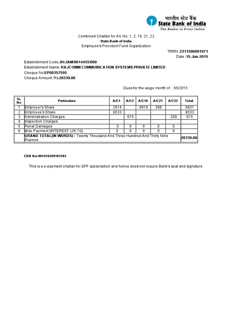 EPFO Challan | PDF | Labor | Financial Services