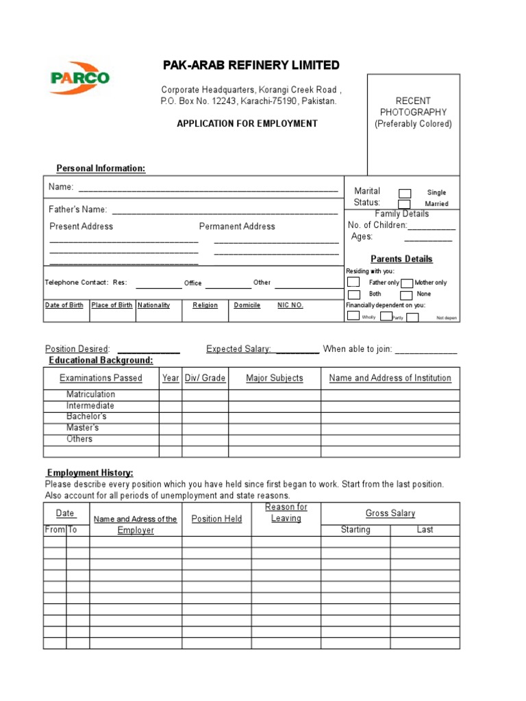 Pak-Arab Refinery Limited: Application For Employment | Download Free ...