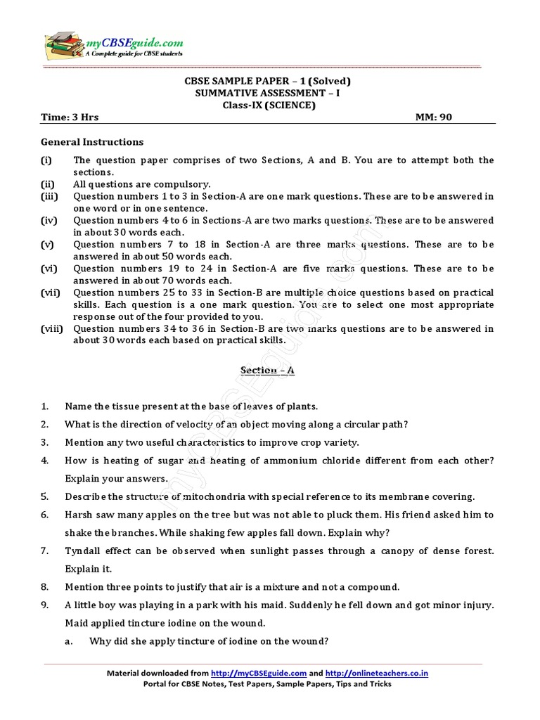 Cbse Sample Paper - 1 (Solved) Summative Assessment - I Class-IX (SCIENCE) Time: 3 Hrs MM: 90 ...