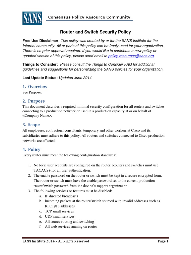Router And Switch Security Policy Pdf Router Computing Network Switch