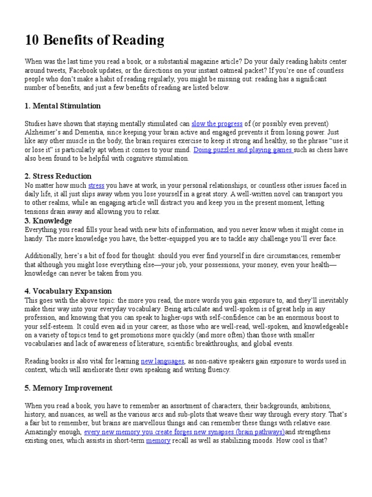 10 Benefits of Reading | PDF | Physical Exercise | Physical Fitness