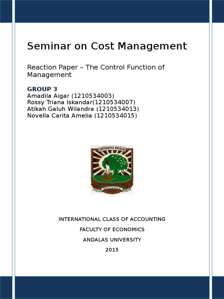Seminar On Cost Management: Reaction Paper - The Control Function of ...