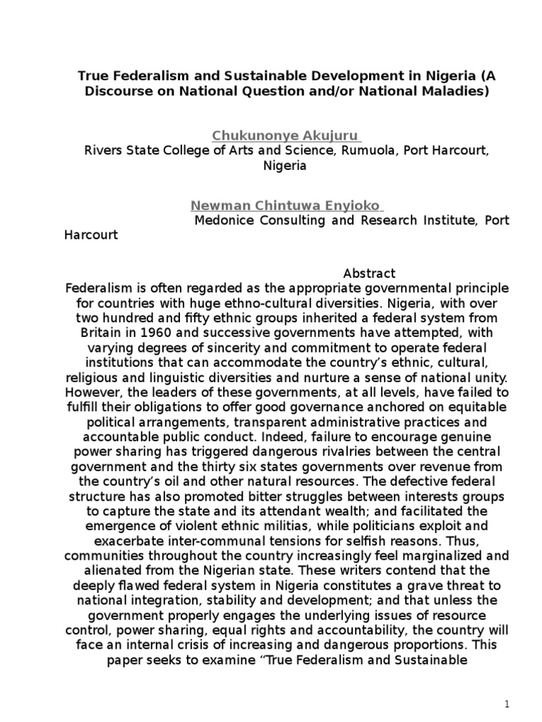 True Federalism and Sustainable Development in Nigeria (A Discourse On ...