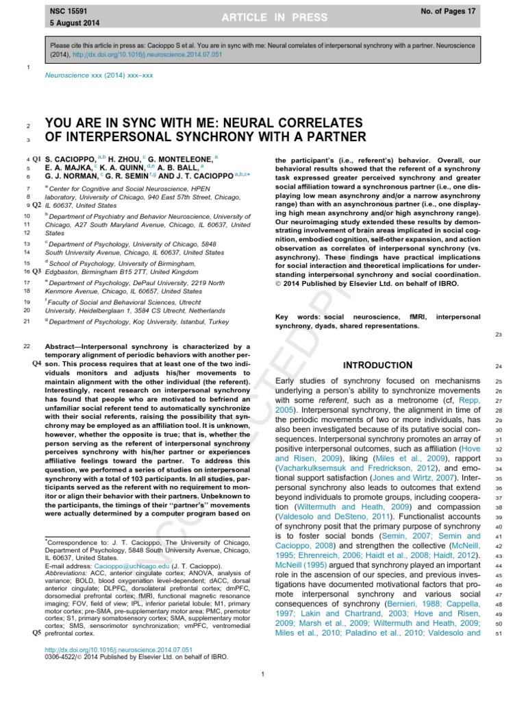 Cacioppo Et Al Ns of Sync | PDF | Cingulate Cortex | Synchronization