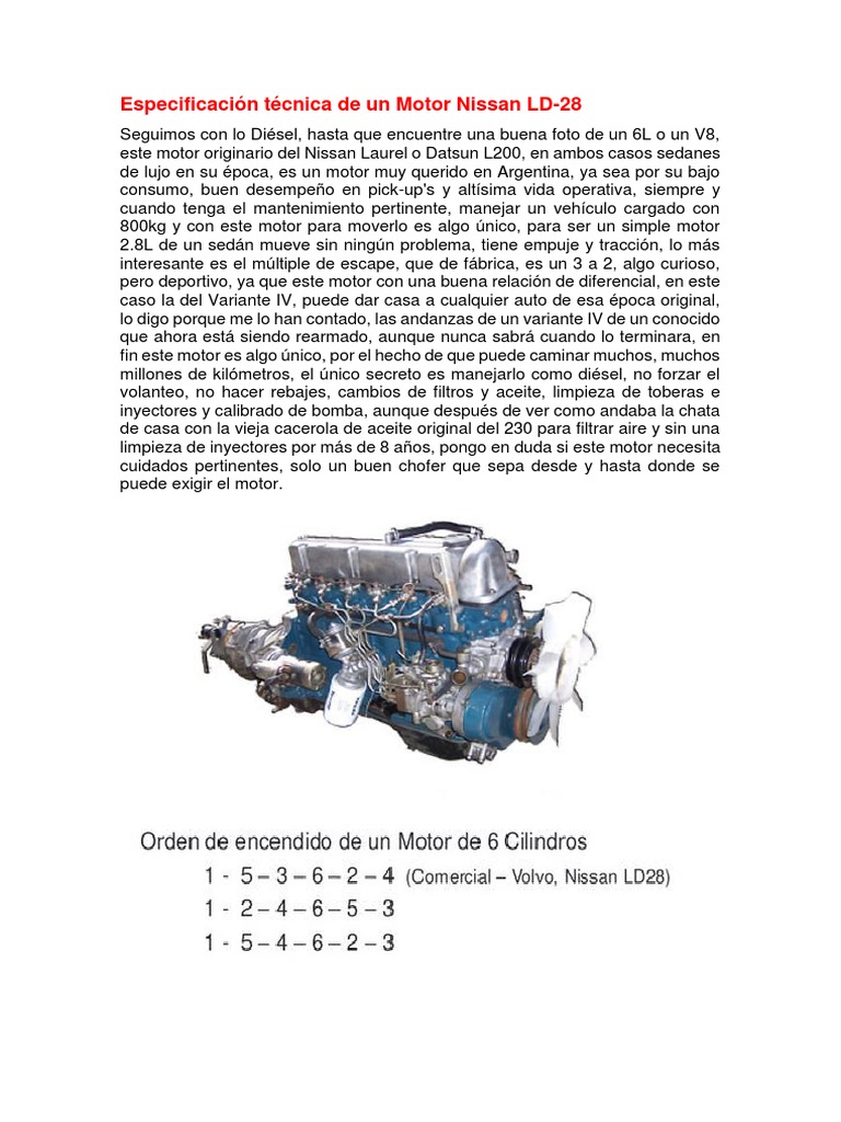 Especificación técnica de un motor Nissan LD-28 | PDF | Nissan | Tornillo