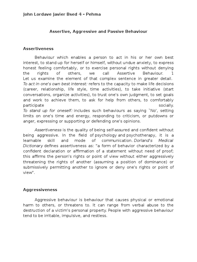 Assertive, Aggressive and Passive Behaviour | Download Free PDF | Aggression | Anger