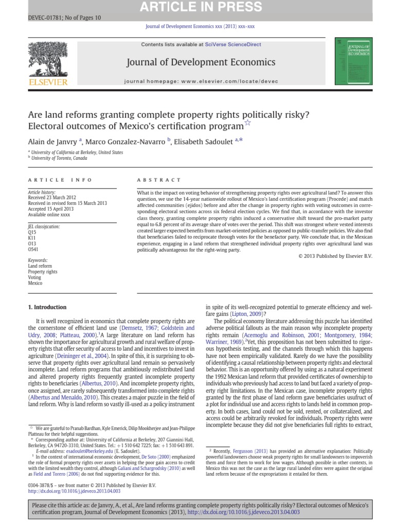 Are Land Reforms Granting Complete Property Rights Politically Risky ...