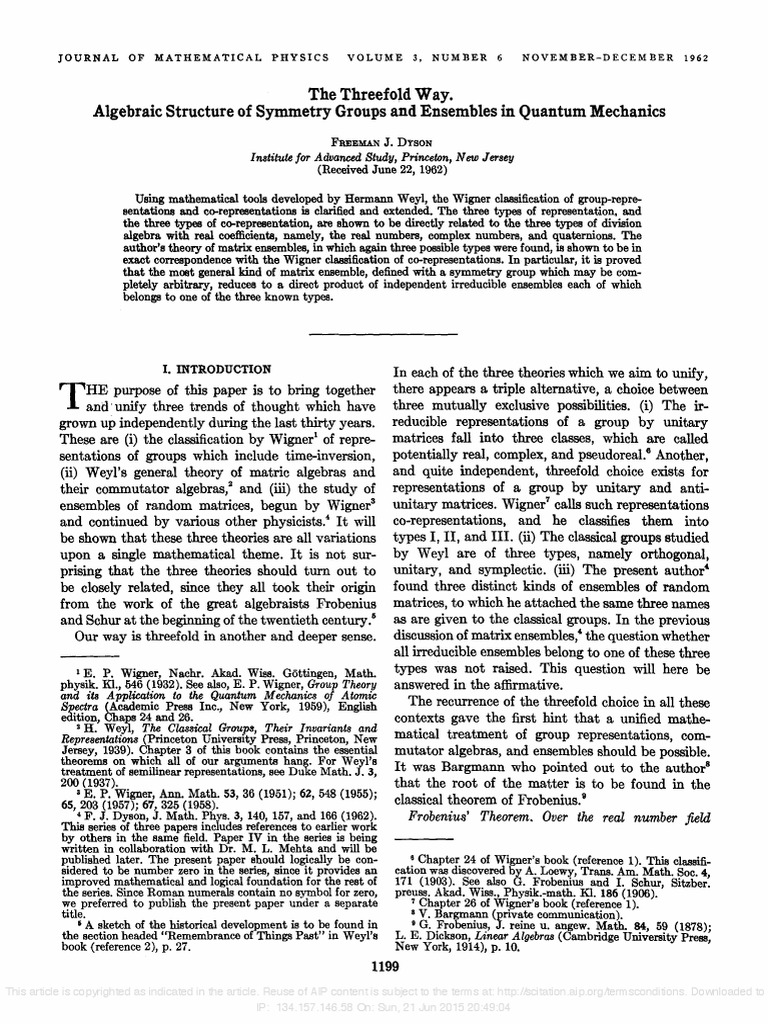 The Threefold Way - Dyson (1961) | PDF | Matrix (Mathematics) | Group ...