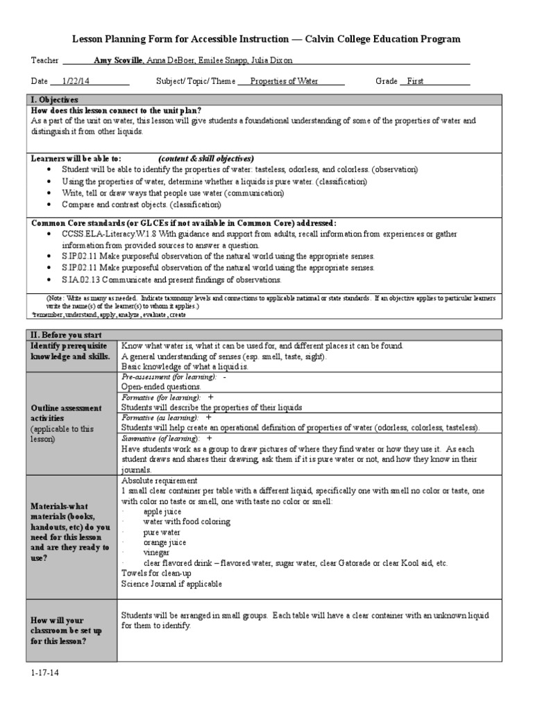 Properties of Water Lesson Plan | PDF | Epistemology | Cognition